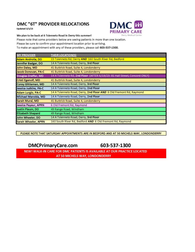 DMC Derry #6 Provider Relocation Directory - DMC Primary Care